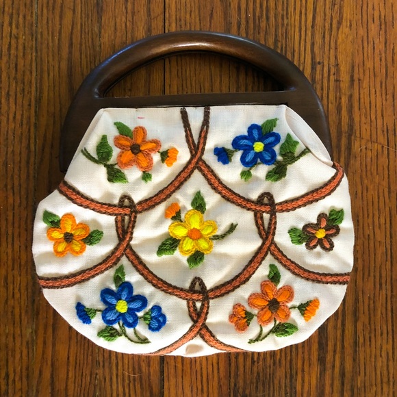 Bags | Vintage Embroidered Cloth Purse With Wooden Handles | Poshmark